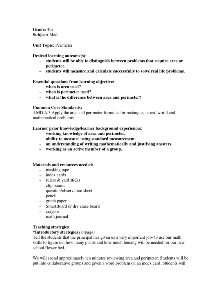 4th Grade Area and Perimeter Lesson Plan | PDF | Educational Assessment ...