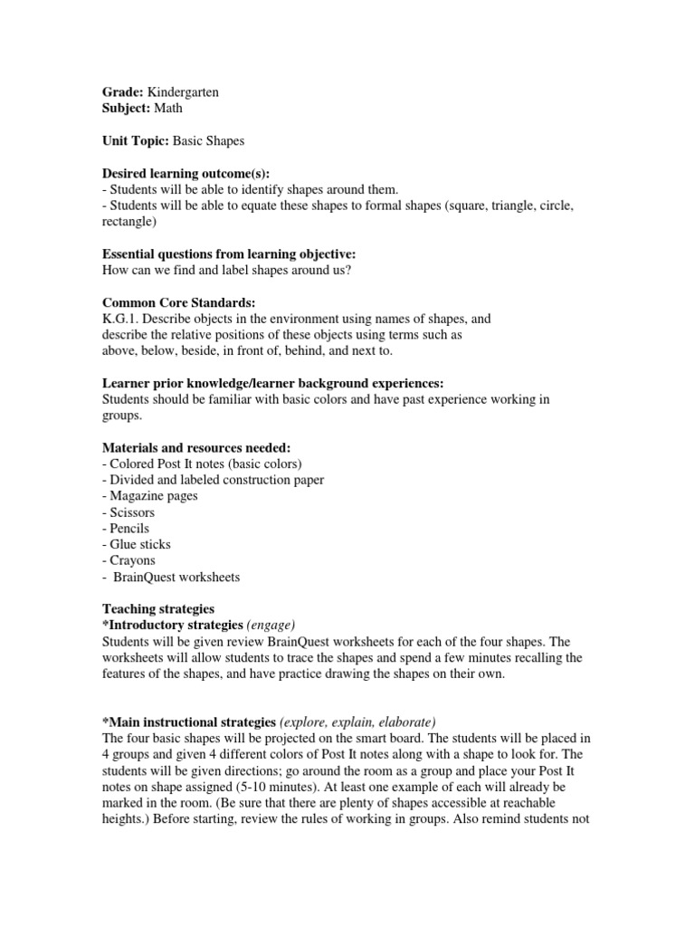 Kindergarten Shapes Lesson Plan | Lesson Plan | Sharing