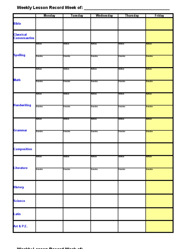 Blank Weekly Lesson Record | PDF