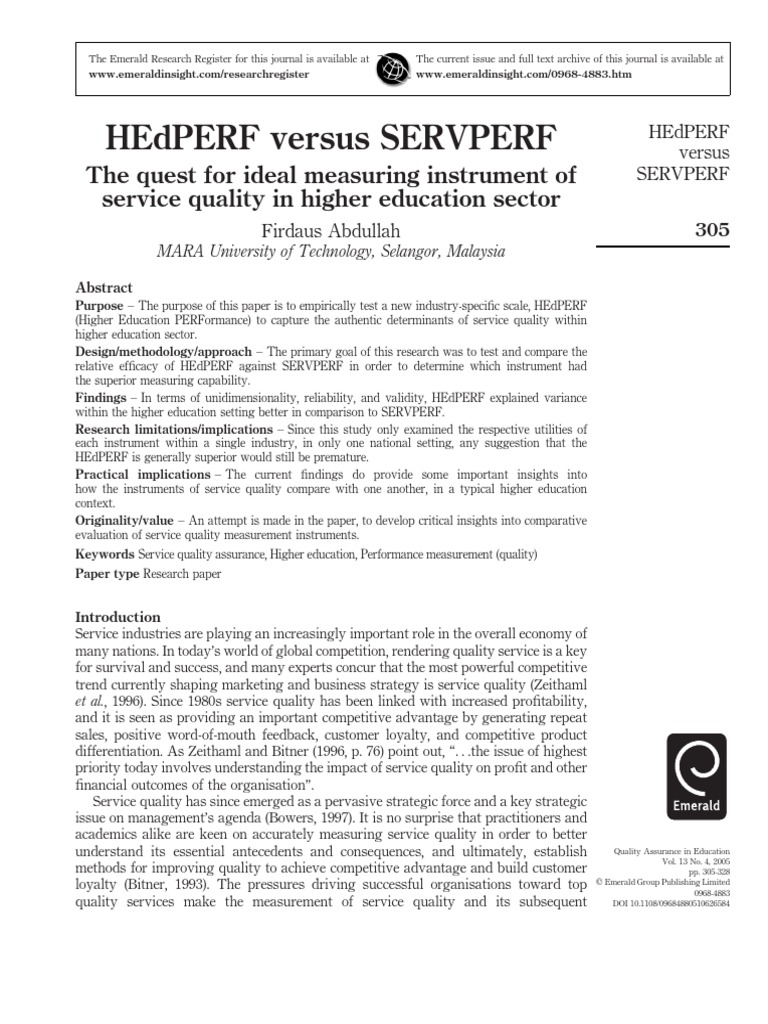 HEdPERF Versus SERVPERF The Quest For Ideal Measuring Instrument of ...
