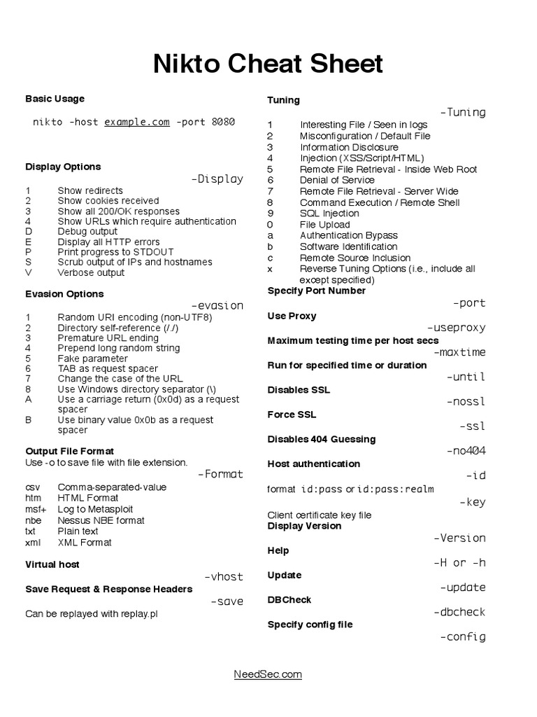 Nikto Cheat Sheet: - Tuning | PDF