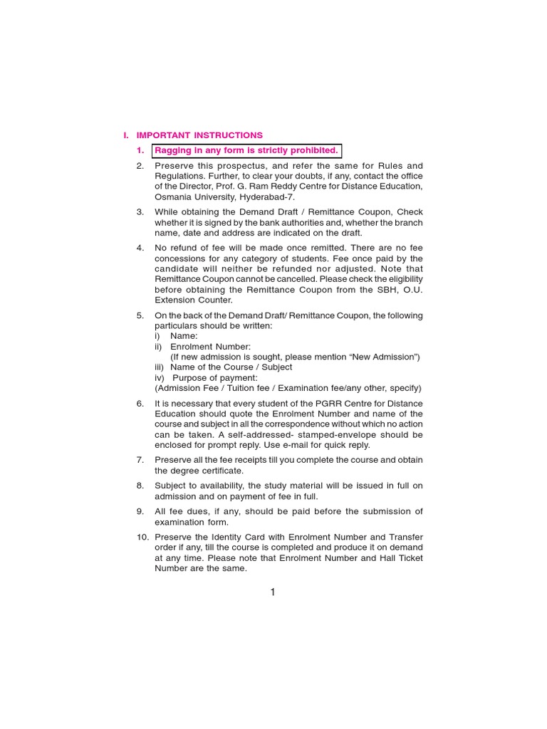 I. Important Instructions 1. Ragging in Any Form Is Strictly Prohibited ...