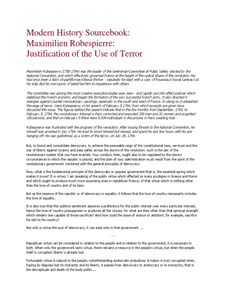Justification of The Use of Terror, Robespierre | PDF | Maximilien ...