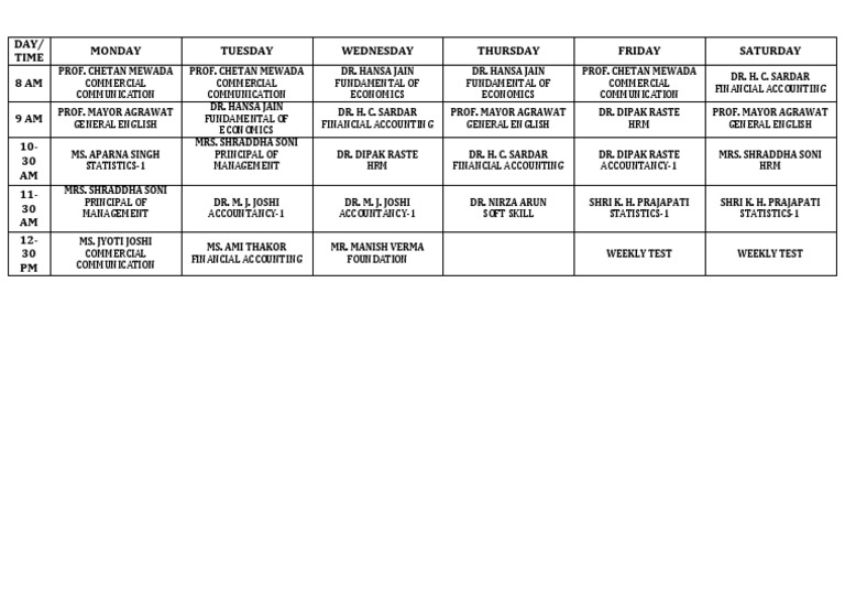 Day Time Monday Tuesday Wednesday Thursday Friday Saturday 8 Am 9 Am