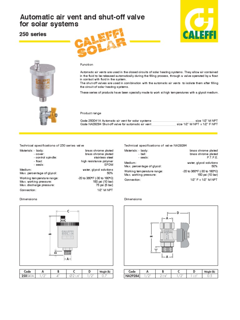 Caleffi 250 Series Solar Automatic Air Vent Specifications | PDF ...