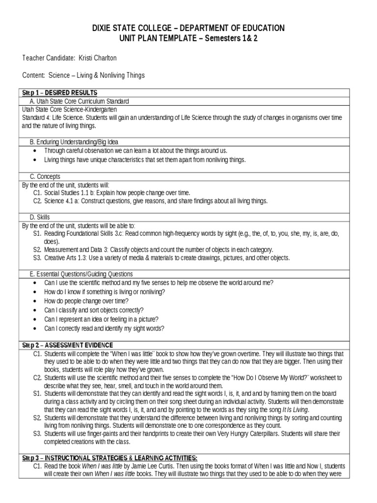 Kindergarten Science Unit Plan Template | PDF | Further Education ...