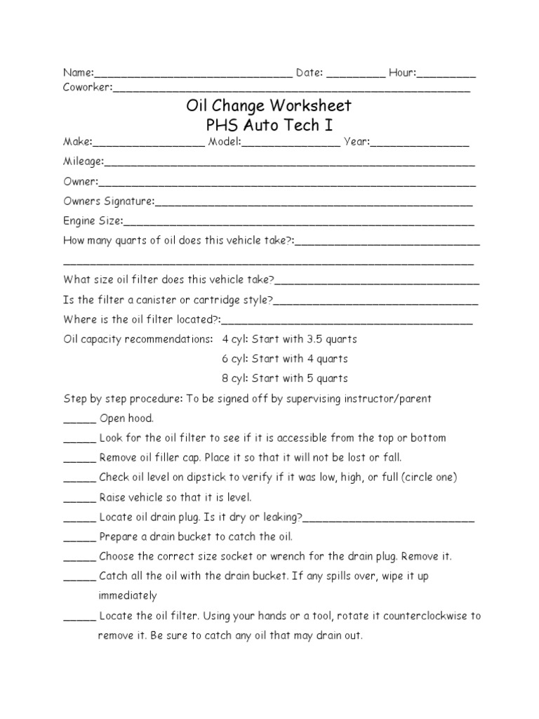 Oil Change Procedure Worksheet | PDF | Business