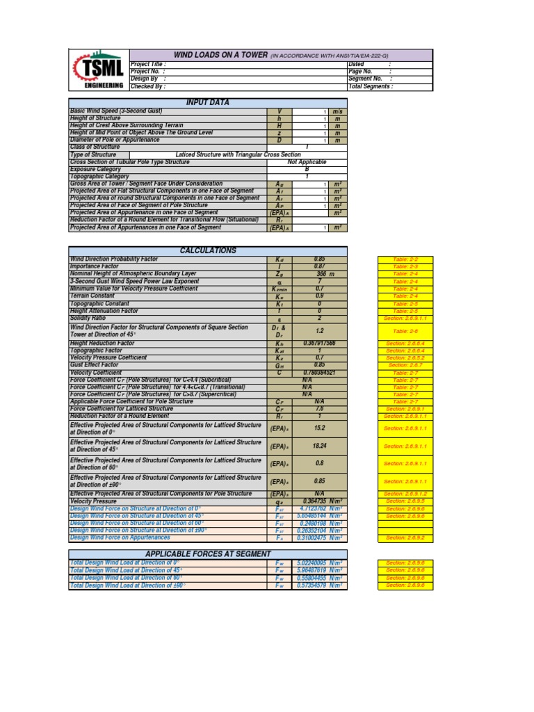 ANSI TIA EIA 222 G Wind Load Calculations | PDF | Wound | Physical Phenomena