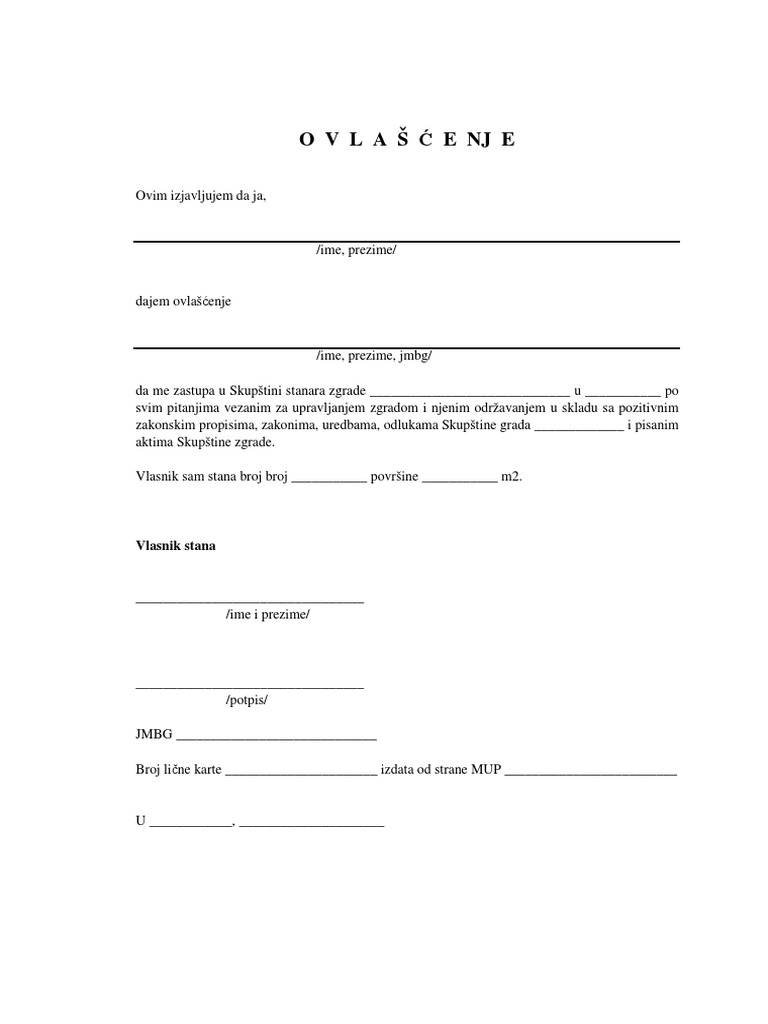Ovlascenje Za Zastupanje U Skupstini Zgrade | PDF