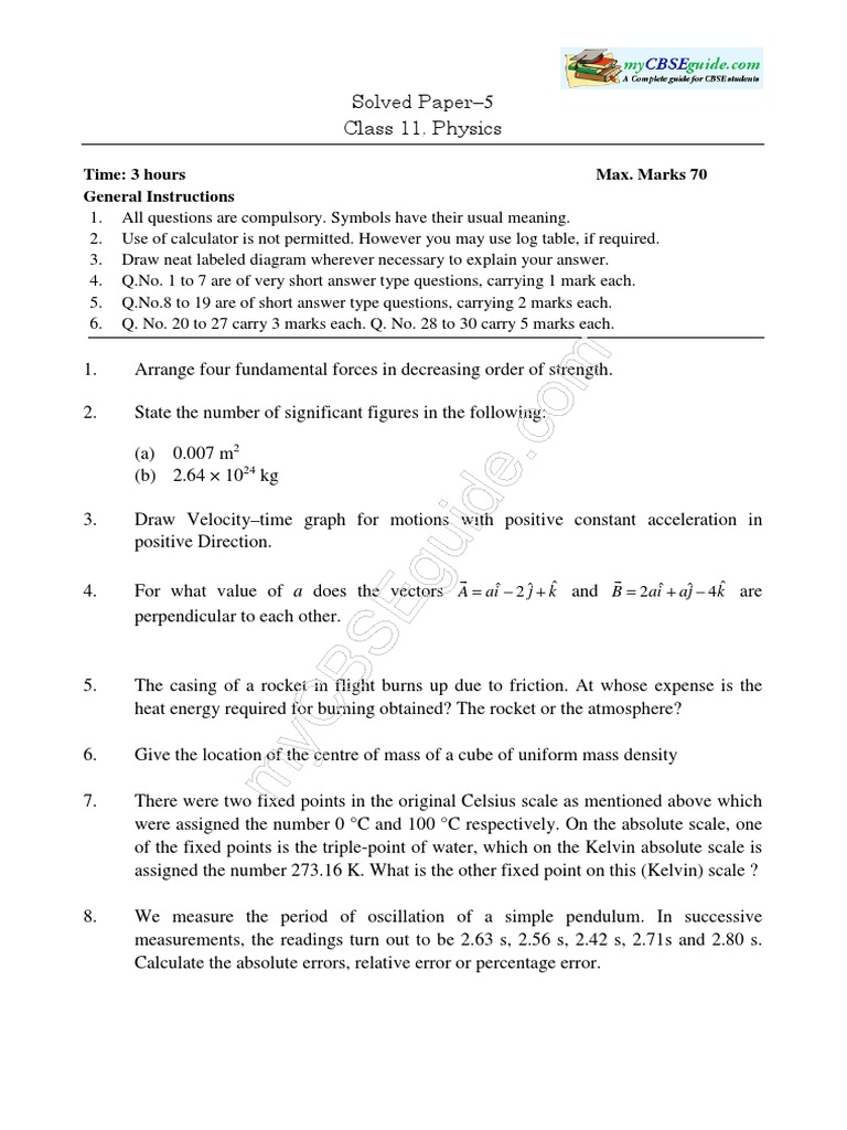 Class 11 Physics Exam Paper | PDF | Rotation Around A Fixed Axis ...
