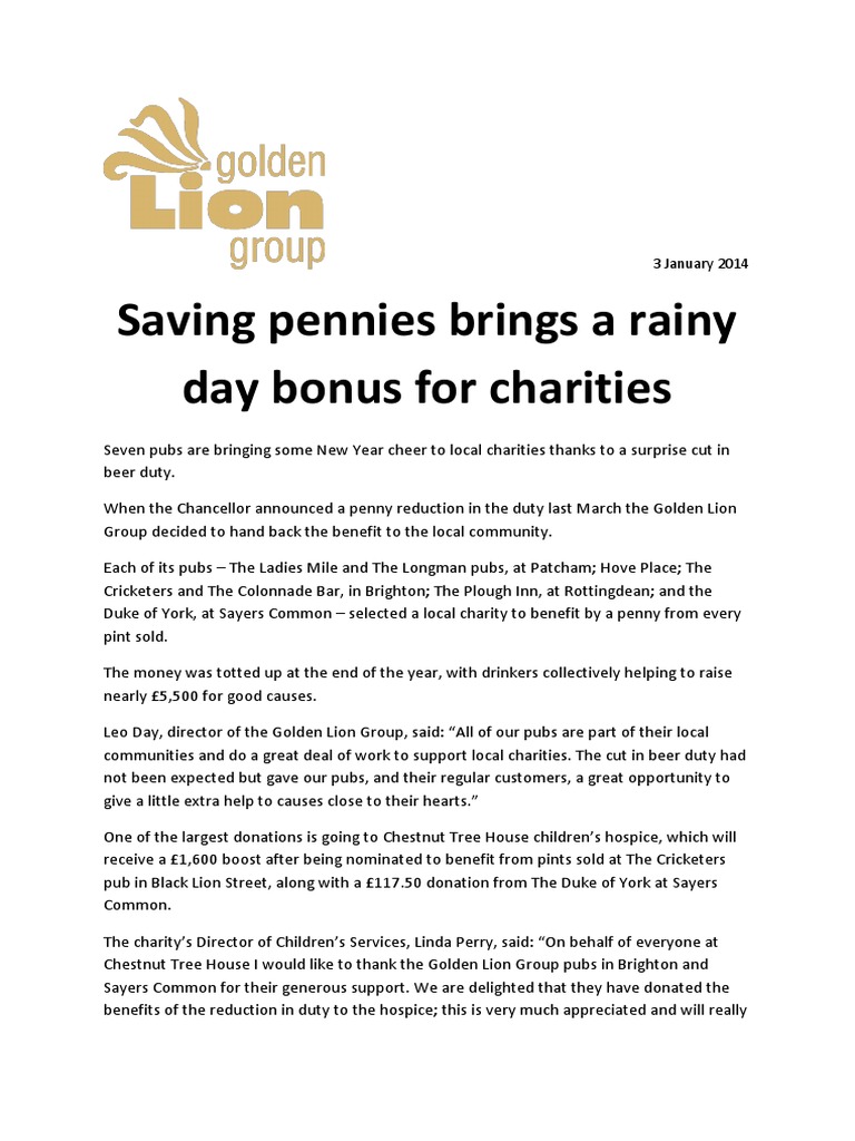 Saving Pennies Brings A Rainy Day Bonus For Charities: 3 January 2014 | PDF | Pub | Society