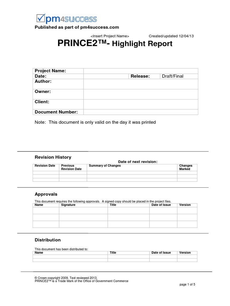 Prince 2 Highlight Report 2013 | Technology | Business