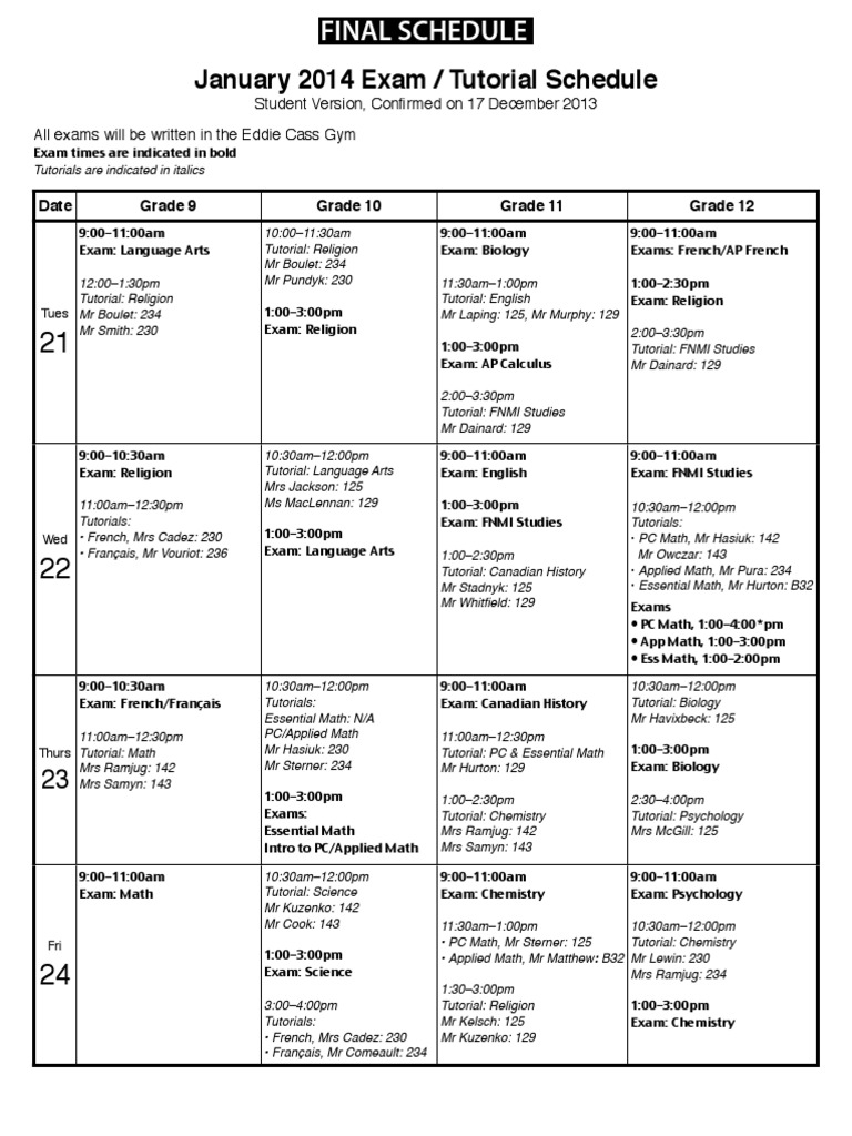 Student Exam Schedule January 2014 | PDF | Academia | Secondary Education