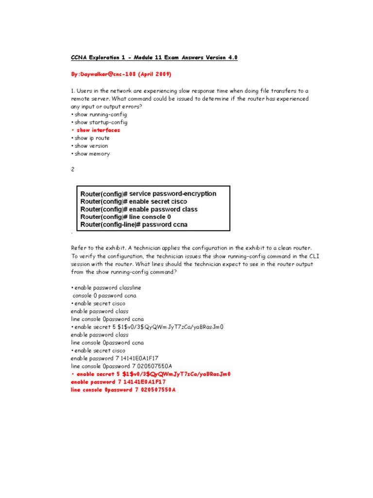 CCNA Exploration 1 Module 11 Exam Answers Version 40 | PDF | Router (Computing) | Command Line ...