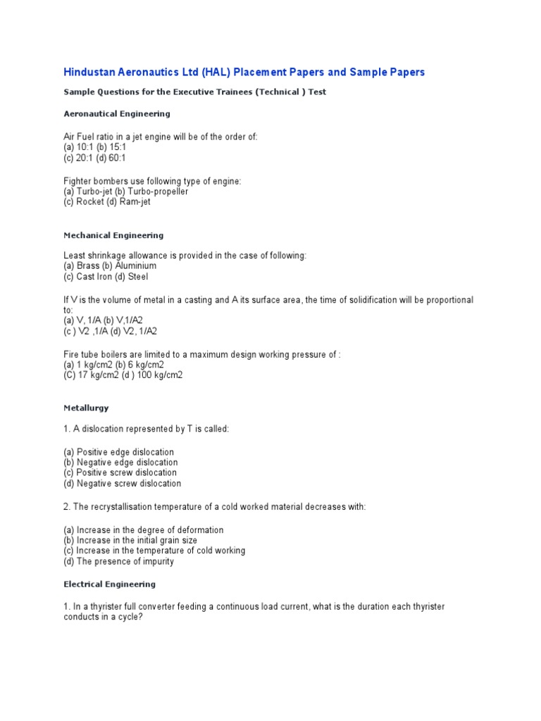 Hindustan Aeronautics LTD (HAL) Placement Papers and Sample Papers ...