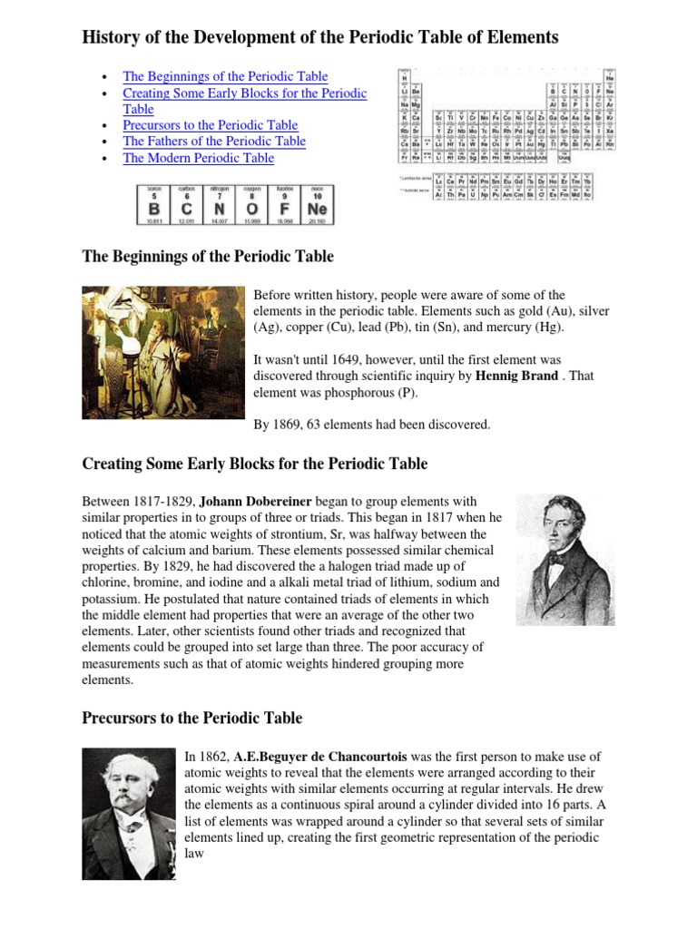 History of The Development of The Periodic Table of Elements | PDF ...