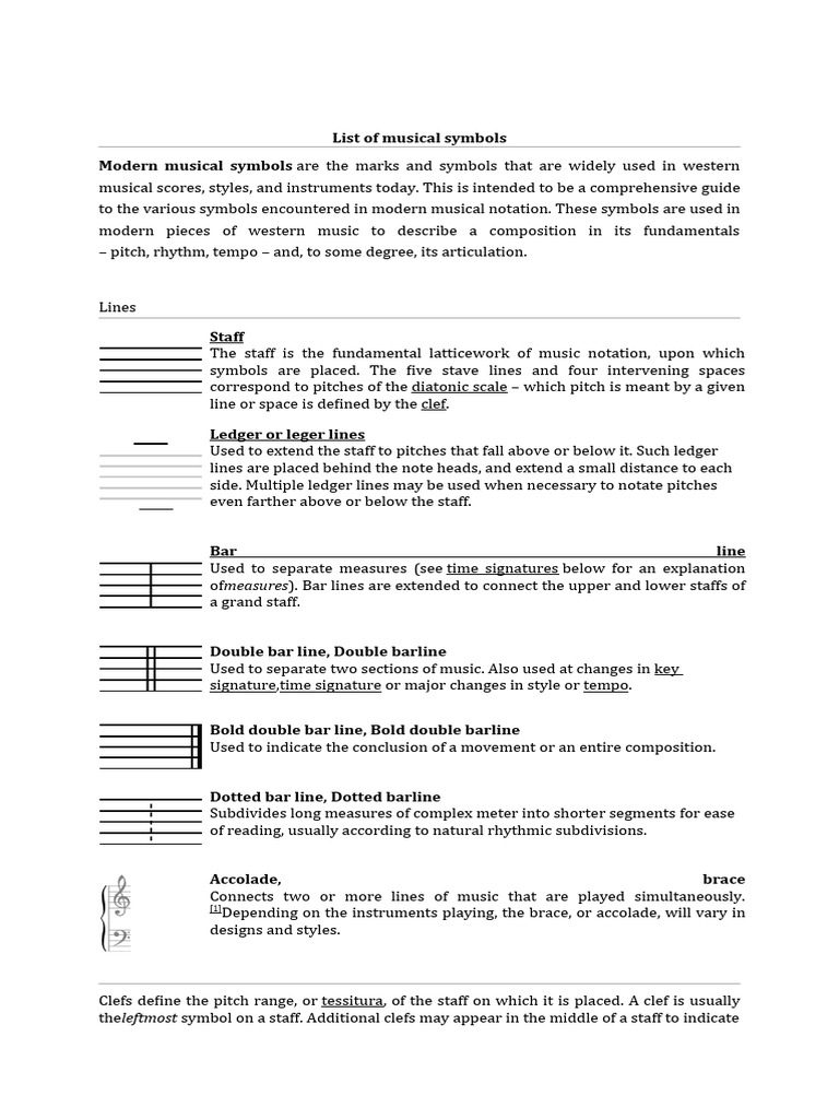 List of Musical Symbols | PDF | Clef | Notation
