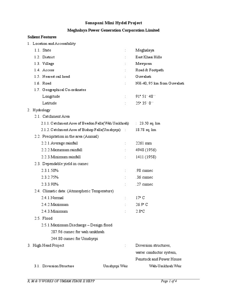 Proposed Sonapani Mini Hydel Project in Meghalaya: Salient Features and ...
