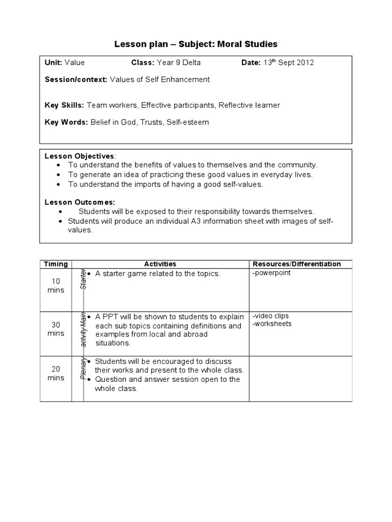 Lesson Plan - Subject: Moral Studies: Timing Activities Resources ...