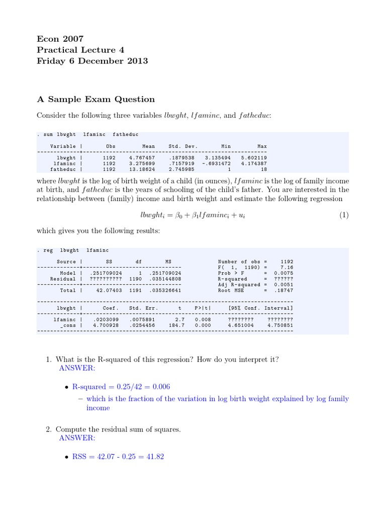 Econometrics Example Questions And Solutions Pdf Coefficient Of