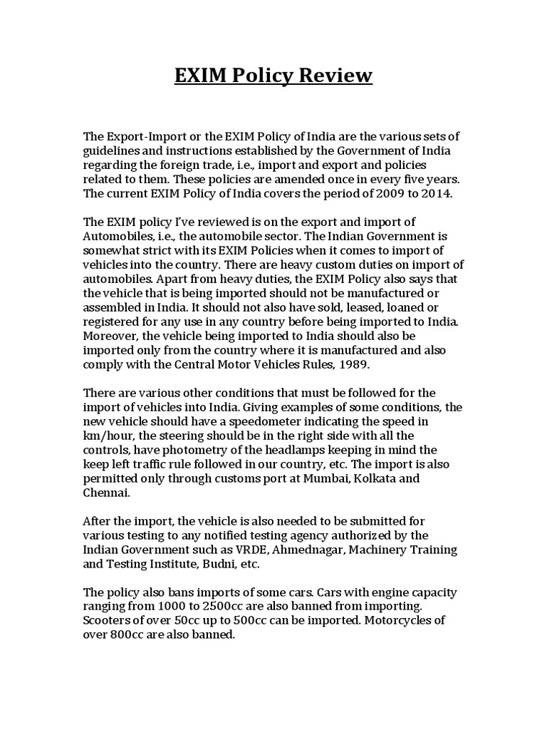 EXIM Policy Review of Auto Industry | Download Free PDF | Car | Vehicles
