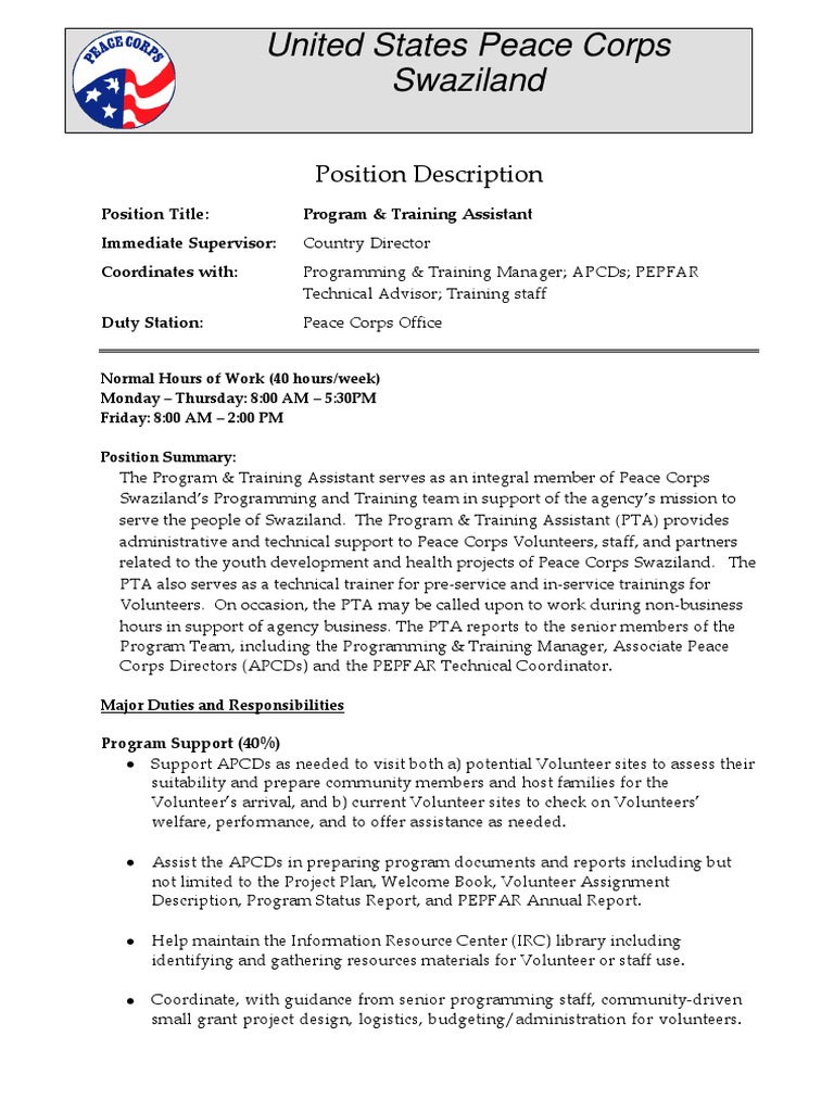 Peace Corps Programming and Training Assistant Position Description ...