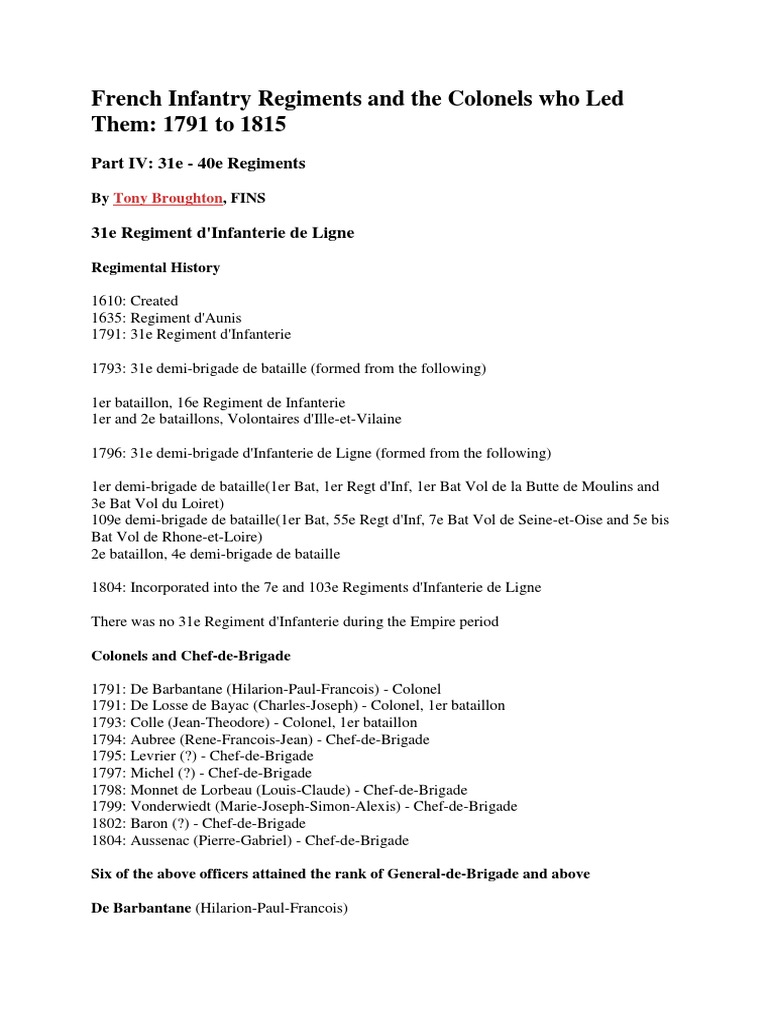 French Line Infantry Regiments 31 To 40 | PDF | Colonel | Military