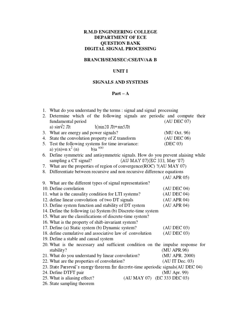 DSP Question Bank With Solutions | PDF | Discrete Fourier Transform ...