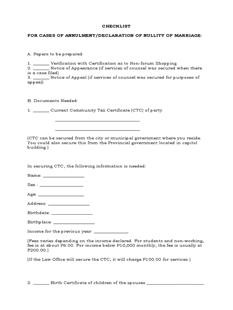 Checklist Annulment | PDF | Annulment | Marriage