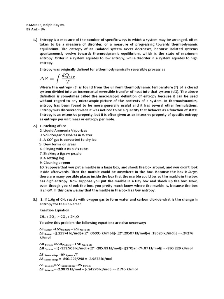 Thermo Assignment | PDF | Entropy | Gases
