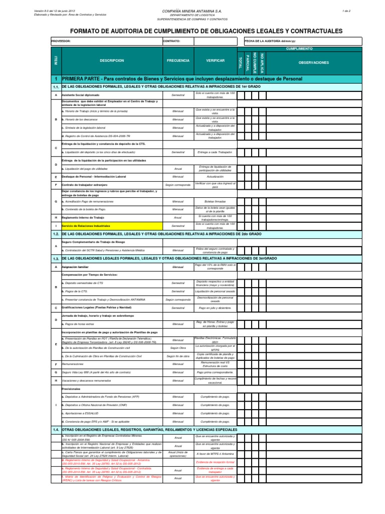 Formato AUDITORIA de Cumplimiento 2013 - v8.0 | PDF | Derecho laboral | Seguro