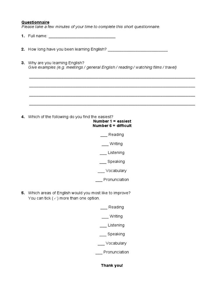 ESL Needs Analysis Questionnaire | PDF | English Language | Languages