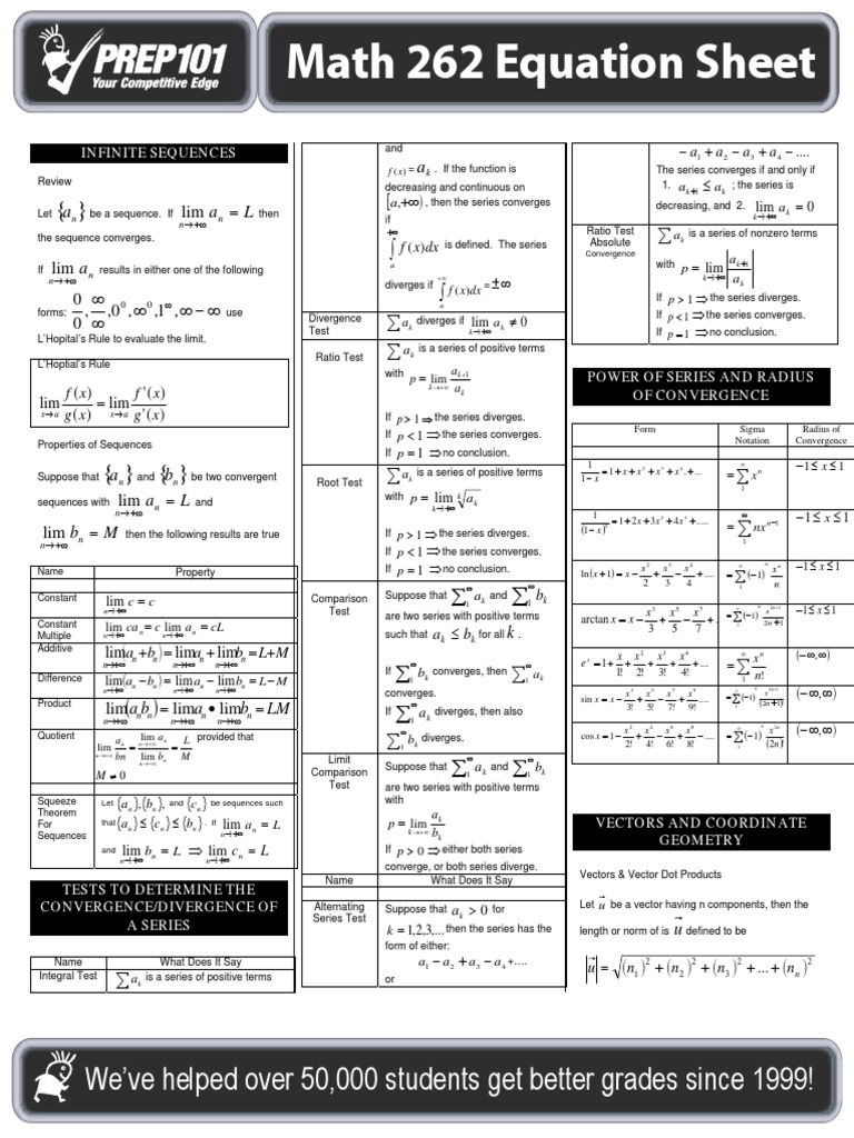 Intermediate Calculus Study Sheet (MATH 262) | PDF | Continuous ...