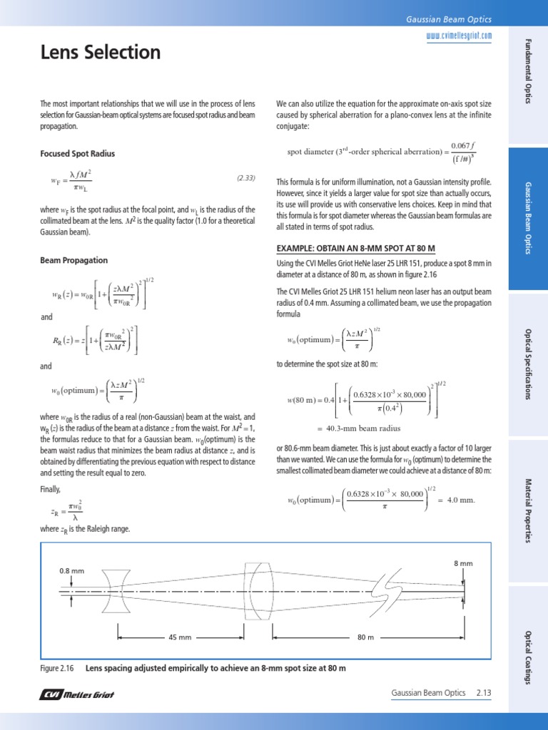 Lens Selection Gaussian Beam Optics | PDF | Lens (Optics) | Optical Devices