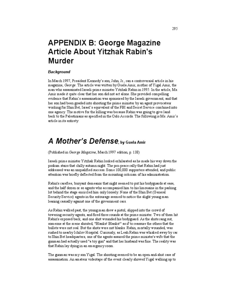 Article About Yitzak Rabin's Assassination From The Killer's Mother ...