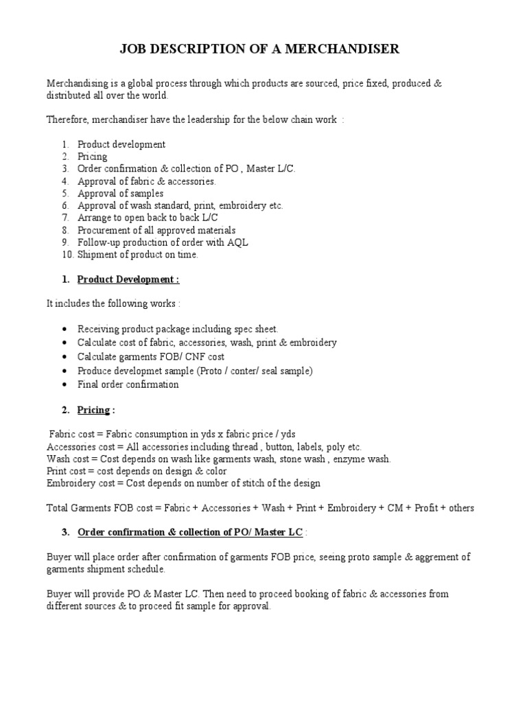 Job Description of A Merchandiser | PDF | Industries | Production And ...