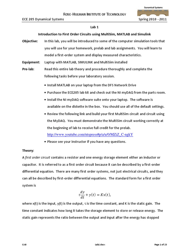 R - H I T: Lab 1 Introduction To First Order Circuits Using Multisim, Matlab and Simulink ...