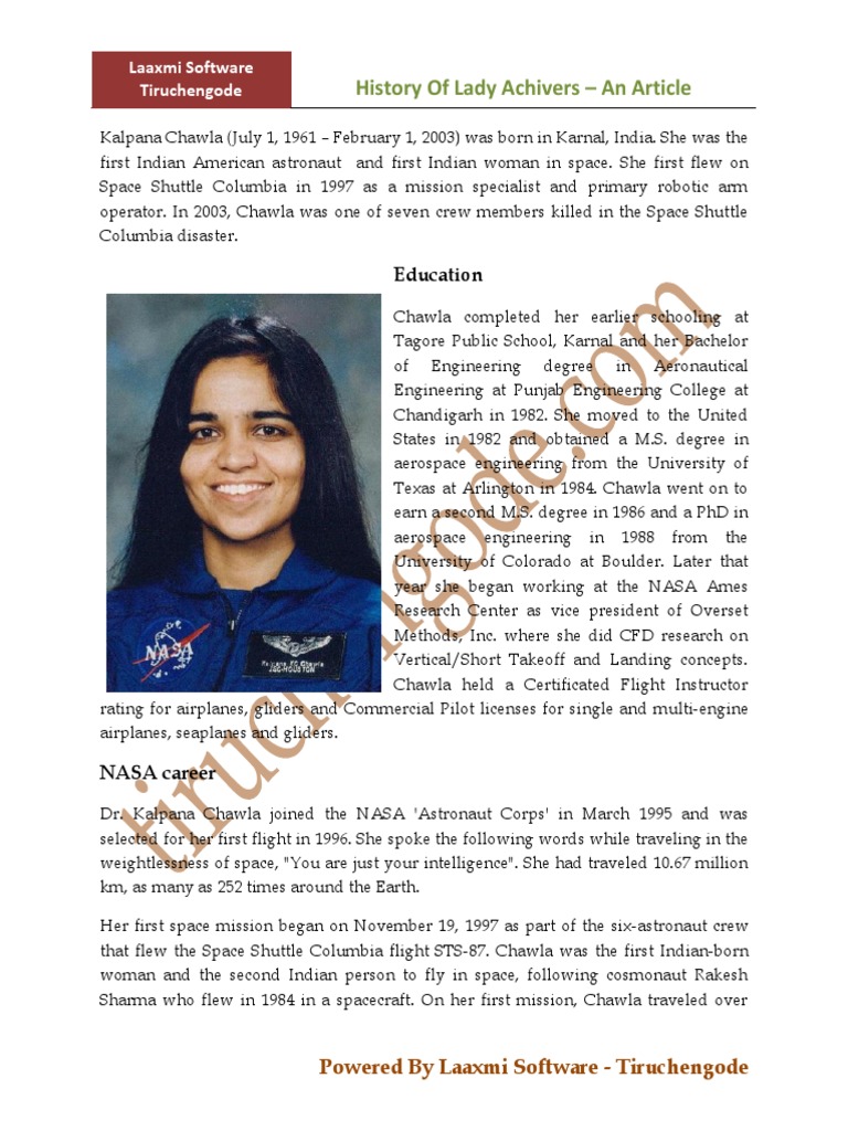Kalpana Chawla | PDF | Space Shuttle Program | Scientific Exploration