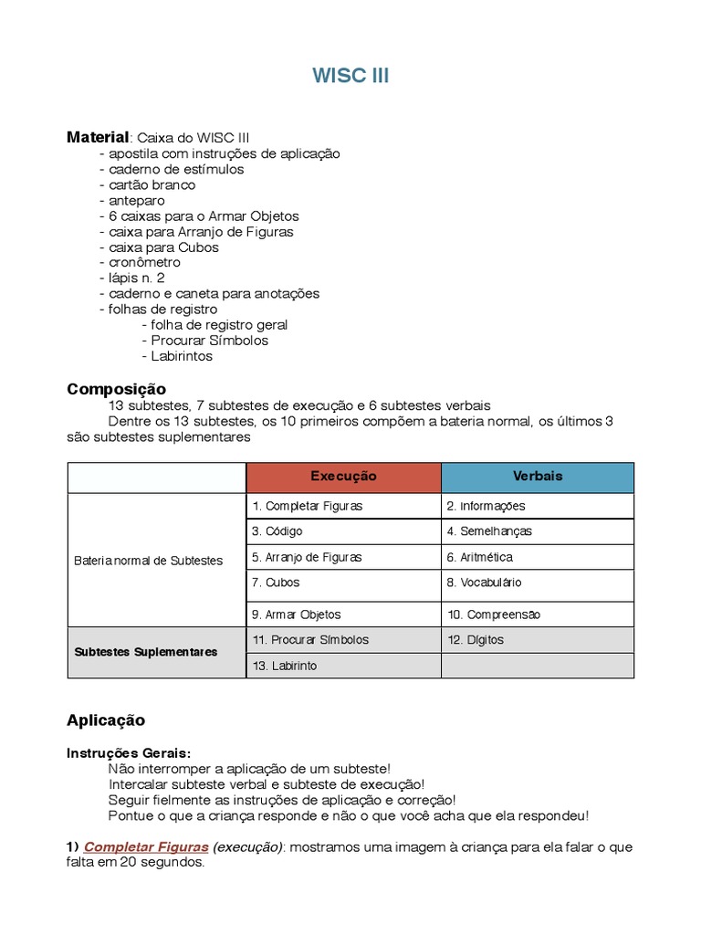 WISC Manual Aplicação | PDF | Tempo | Limite (Matemática)
