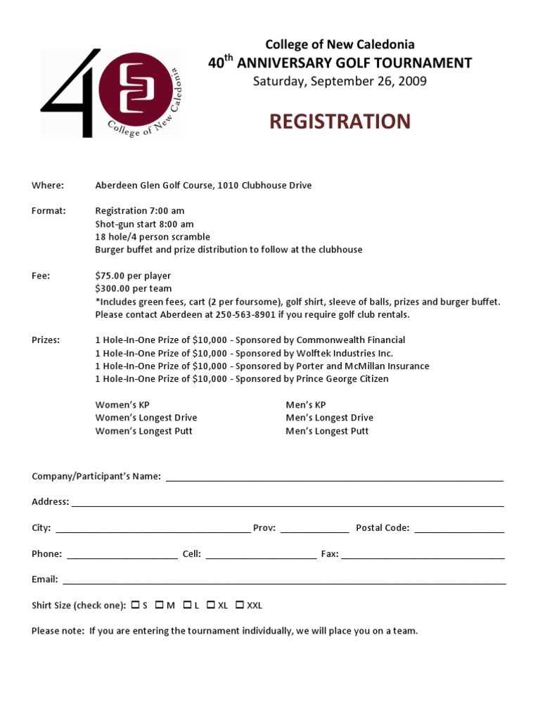 Golf Tournament Registration Form Template