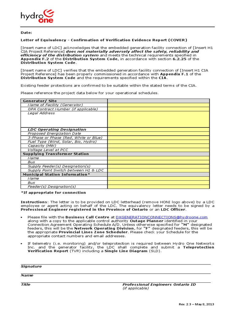 Hydro One Letter of Equivalency Template | PDF