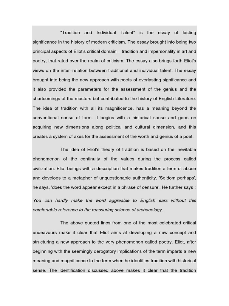 Eliot's Tradition and Individual Talent | PDF | Traditions | Poetry
