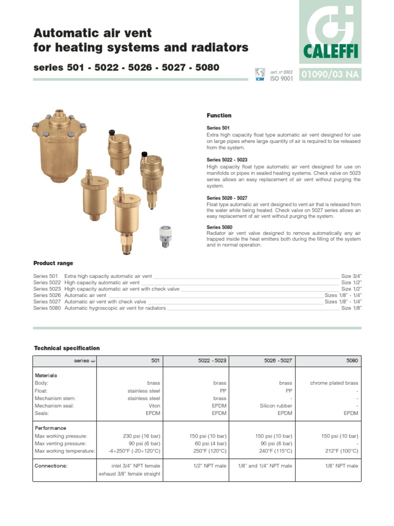 Automatski Odzracni Ventil - Caleffi | PDF | Valve | Pipe (Fluid Conveyance)