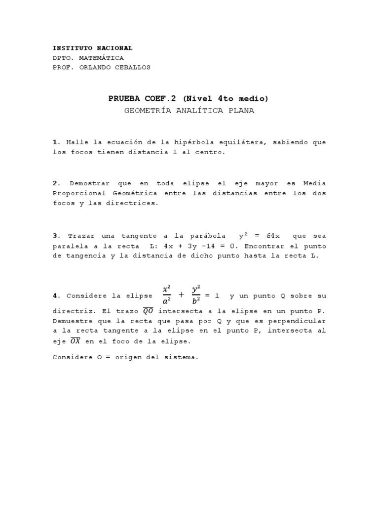 Prueba C2 Geometria Analitica Plana - Orlando Ceballos | PDF