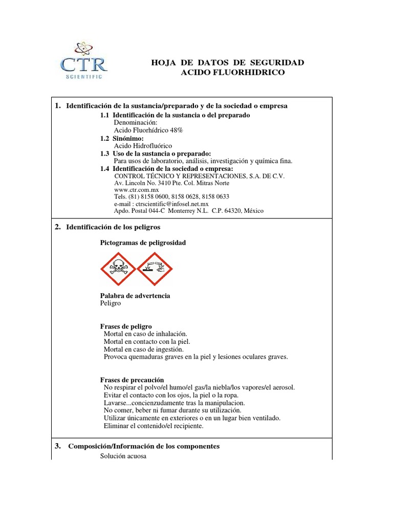 Acido Fluorhidrico - MSDS | PDF | Quemar | Agua