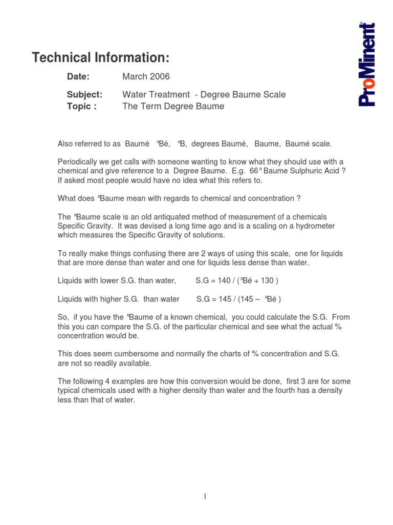Tech Info Baume Scale | PDF | Density | Physical Chemistry