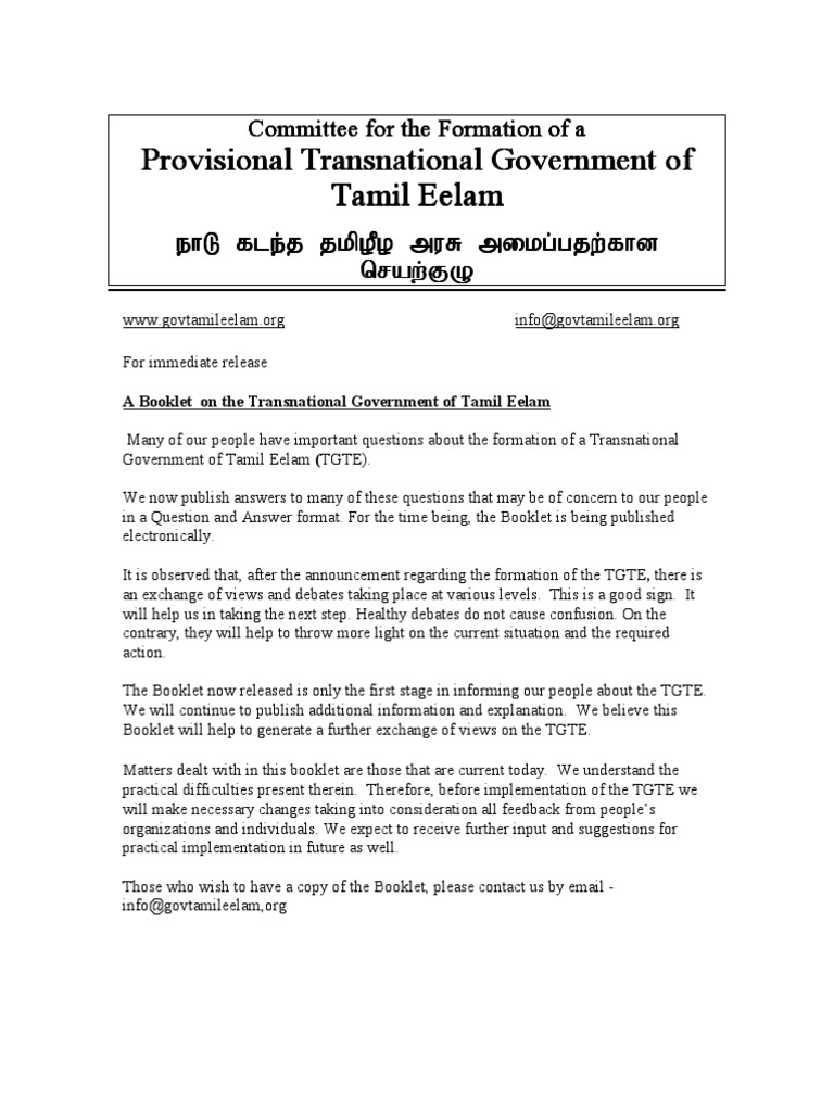 Transnational Government of Tamil Eelam-Booklet | PDF | Government