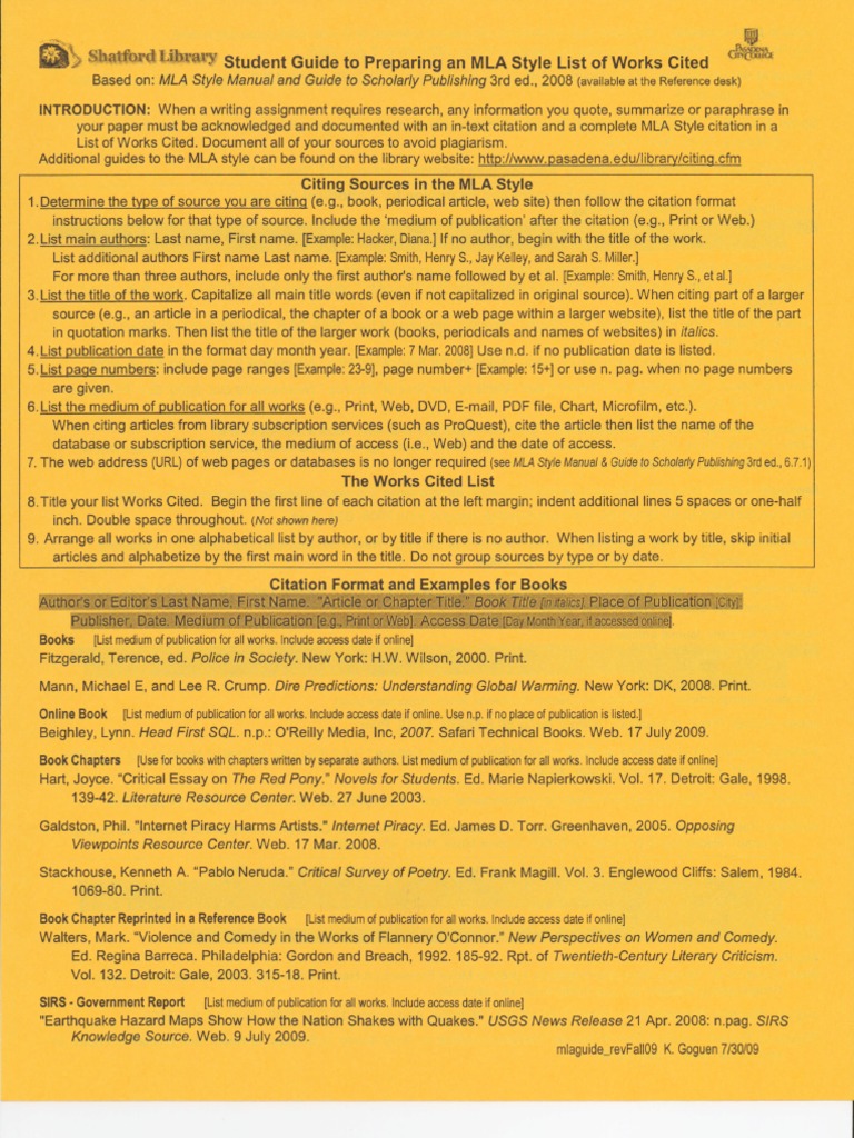 Pasadena City College, Shatford Library, NEW Guide For MLA Style of ...