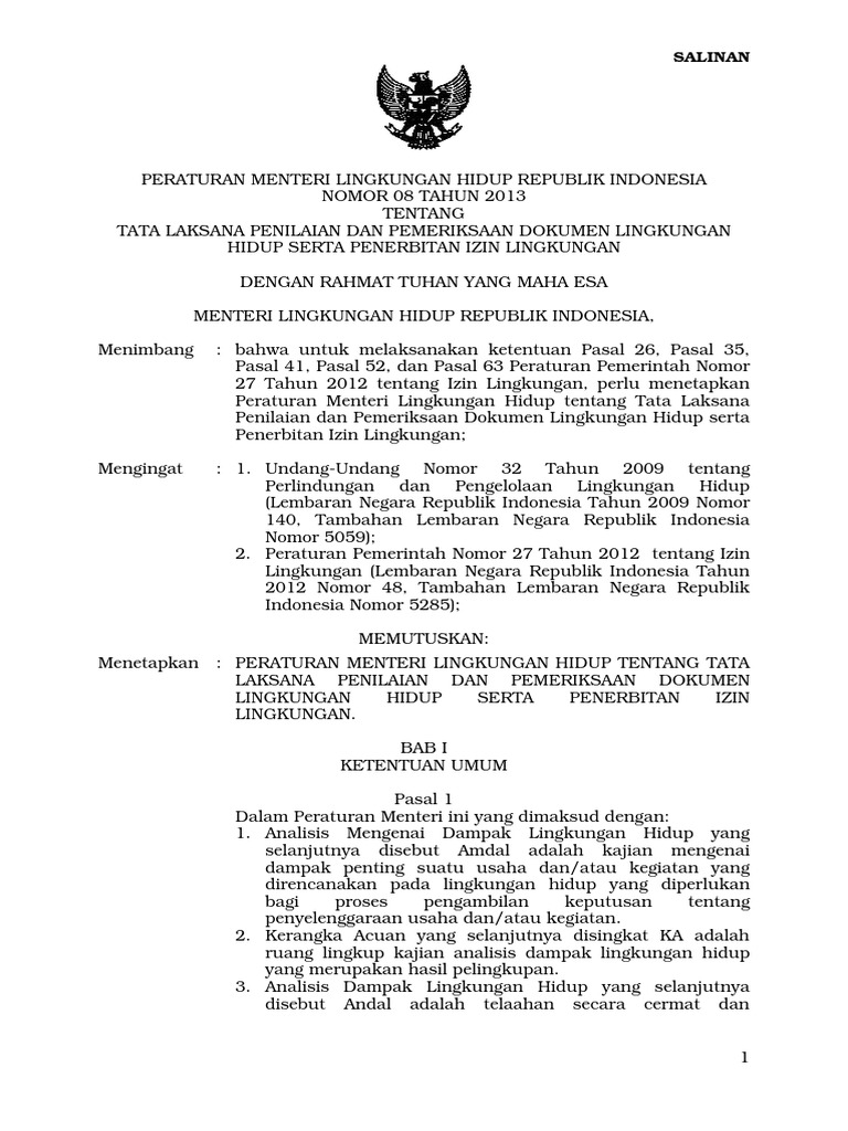 Permen LH 08 TH 2013 Tata Laksana Penilaian Amdal Dan Ijin Lingkungan ...