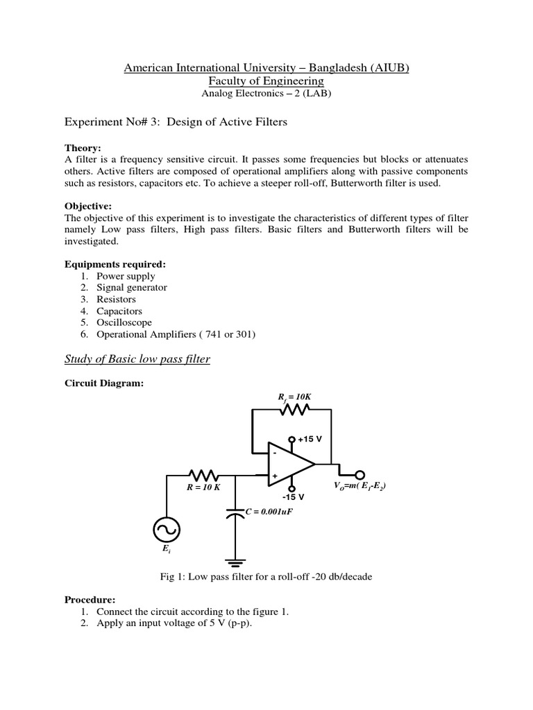 Lab Exercise Design of Active Filters | PDF | Electronic Filter | Low ...